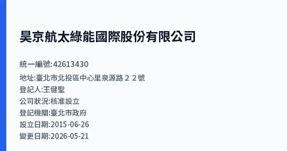 昊京航太綠能國際股份有限公司的照片-統編 42613430(臺北市) 公司登記資料與營業項目詳細圖表