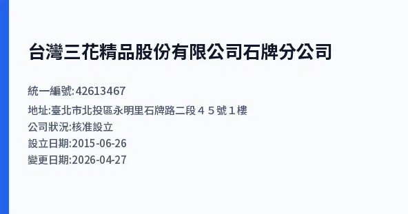 台灣三花精品股份有限公司石牌分公司的照片-統編 42613467(臺北市) 公司登記資料與營業項目詳細圖表