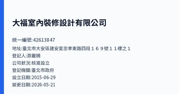 大福室內裝修設計有限公司的照片-統編 42613847(臺北市) 公司登記資料與營業項目詳細圖表