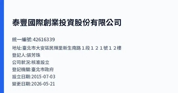 泰豐國際創業投資股份有限公司的照片-統編 42616339(臺北市) 公司登記資料與營業項目詳細圖表