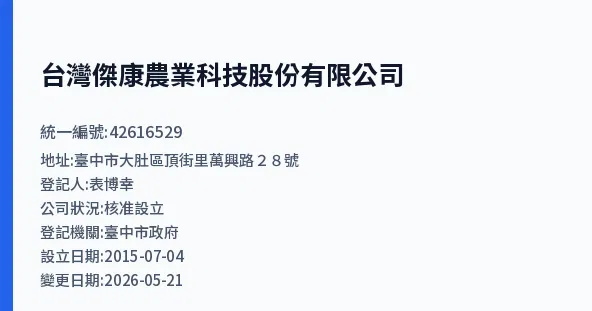 台灣傑康農業科技股份有限公司的照片-統編 42616529(臺中市) 公司登記資料與營業項目詳細圖表
