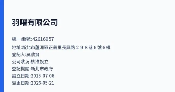 羽曜有限公司的照片-統編 42616957(新北市) 公司登記資料與營業項目詳細圖表