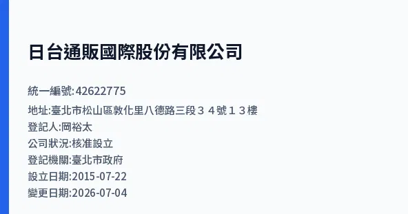日台通販國際股份有限公司的照片-統編 42622775(臺北市) 公司登記資料與營業項目詳細圖表