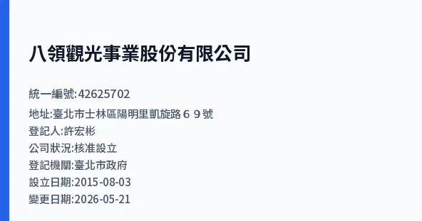 八領觀光事業股份有限公司的照片-統編 42625702(臺北市) 公司登記資料與營業項目詳細圖表