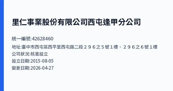 里仁事業股份有限公司西屯逢甲分公司的照片-統編 42628460(臺中市) 公司登記資料與營業項目詳細圖表