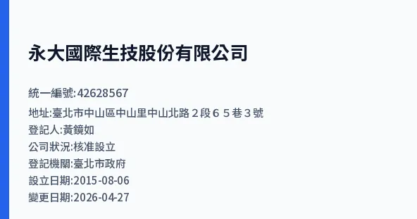 永大國際生技股份有限公司的照片-統編 42628567(臺北市) 公司登記資料與營業項目詳細圖表