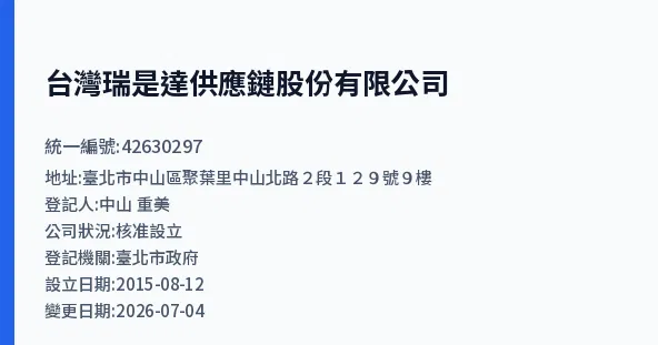 台灣瑞是達供應鏈股份有限公司的照片-統編 42630297(臺北市) 公司登記資料與營業項目詳細圖表