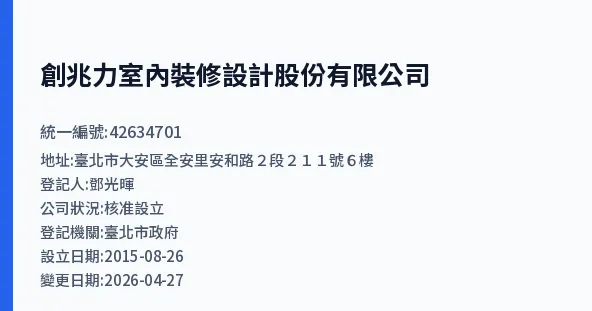 創兆力室內裝修設計股份有限公司的照片-統編 42634701(臺北市) 公司登記資料與營業項目詳細圖表