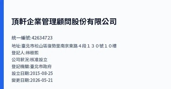 頂軒企業管理顧問股份有限公司的照片-統編 42634723(臺北市) 公司登記資料與營業項目詳細圖表
