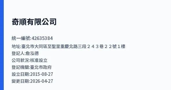 奇順有限公司的照片-統編 42635384(臺北市) 公司登記資料與營業項目詳細圖表