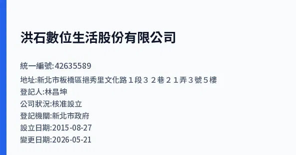洪石數位生活股份有限公司的照片-統編 42635589(新北市) 公司登記資料與營業項目詳細圖表