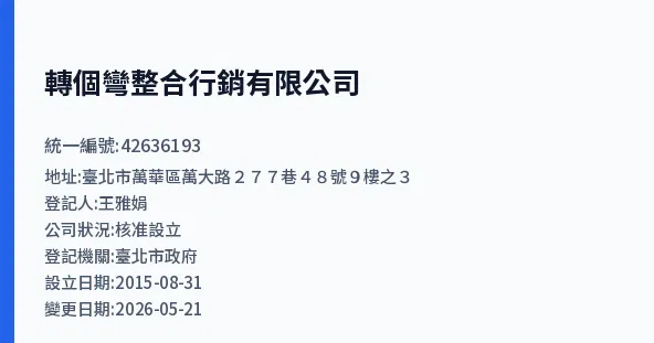 轉個彎整合行銷有限公司的照片-統編 42636193(臺北市) 公司登記資料與營業項目詳細圖表