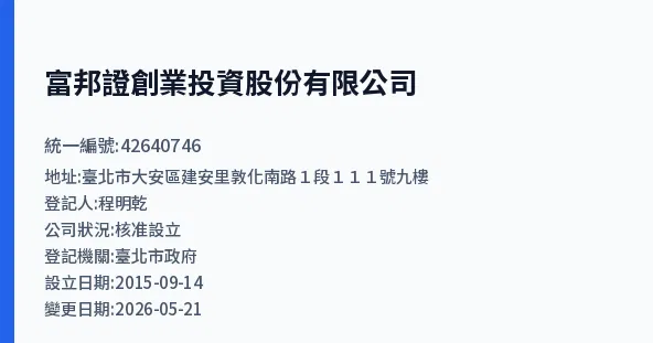 富邦證創業投資股份有限公司的照片-統編 42640746(臺北市) 公司登記資料與營業項目詳細圖表