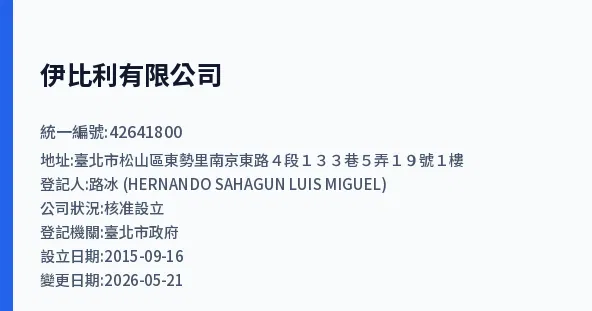 伊比利有限公司的照片-統編 42641800(臺北市) 公司登記資料與營業項目詳細圖表