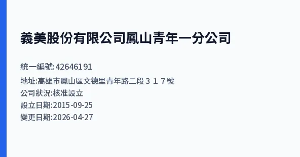 義美股份有限公司鳳山青年一分公司的照片-統編 42646191(高雄市) 公司登記資料與營業項目詳細圖表