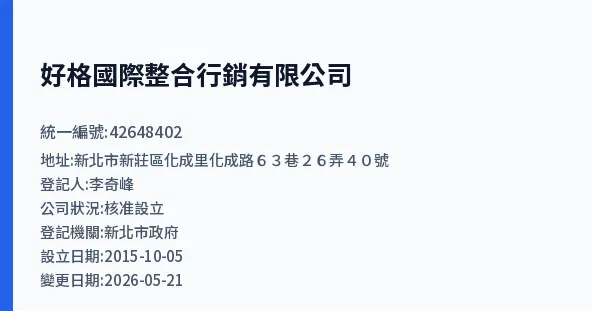 好格國際整合行銷有限公司的照片-統編 42648402(新北市) 公司登記資料與營業項目詳細圖表