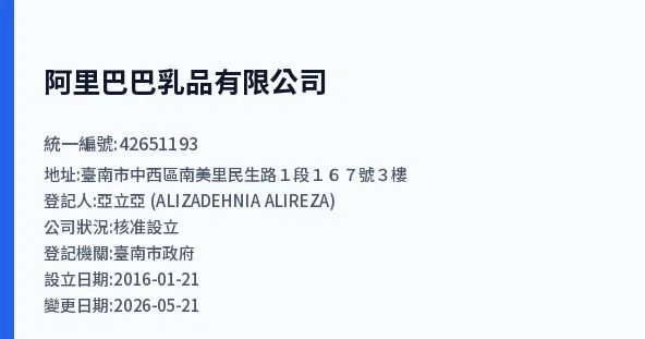 阿里巴巴乳品有限公司的照片-統編 42651193(臺南市) 公司登記資料與營業項目詳細圖表