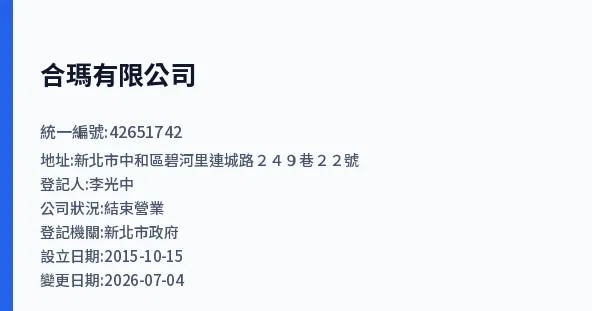 合瑪有限公司的照片-統編 42651742(新北市) 公司登記資料與營業項目詳細圖表