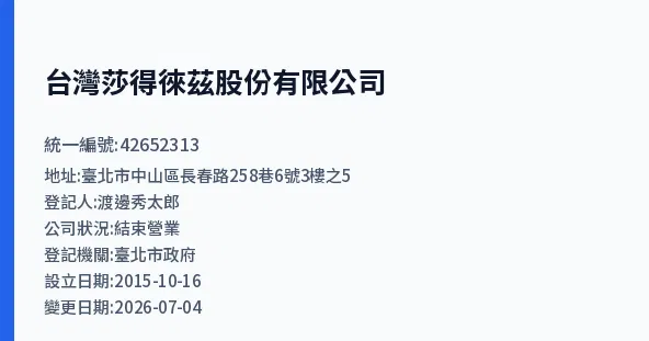 台灣莎得徠茲股份有限公司的照片-統編 42652313(臺北市) 公司登記資料與營業項目詳細圖表