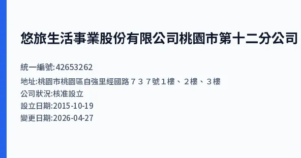悠旅生活事業股份有限公司桃園市第十二分公司的照片-統編 42653262(桃園市) 公司登記資料與營業項目詳細圖表