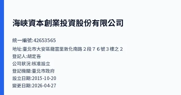 海峽資本創業投資股份有限公司的照片-統編 42653565(臺北市) 公司登記資料與營業項目詳細圖表