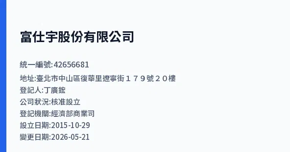 富仕宇股份有限公司的照片-統編 42656681(臺北市) 公司登記資料與營業項目詳細圖表