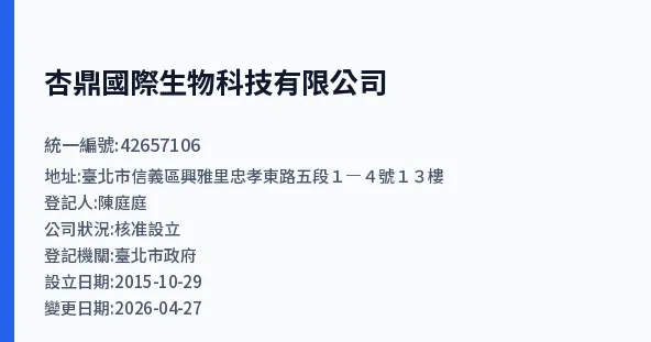 杏鼎國際生物科技有限公司的照片-統編 42657106(臺北市) 公司登記資料與營業項目詳細圖表