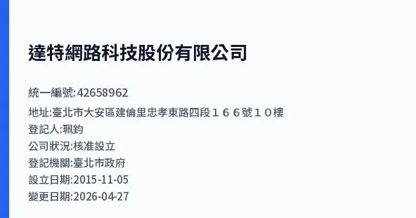 達特網路科技股份有限公司的照片-統編 42658962(臺北市) 公司登記資料與營業項目詳細圖表