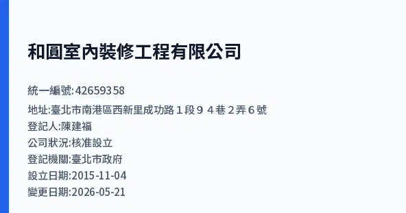 和圓室內裝修工程有限公司的照片-統編 42659358(臺北市) 公司登記資料與營業項目詳細圖表