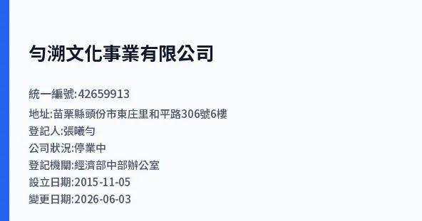 勻溯文化事業有限公司的照片-統編 42659913(苗栗縣) 公司登記資料與營業項目詳細圖表