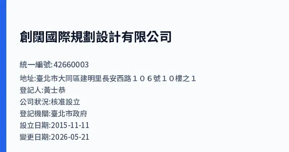 創闊國際規劃設計有限公司的照片-統編 42660003(臺北市) 公司登記資料與營業項目詳細圖表