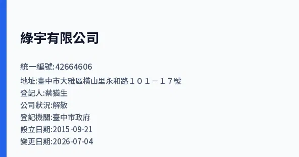 綠宇有限公司的照片-統編 42664606(臺中市) 公司登記資料與營業項目詳細圖表