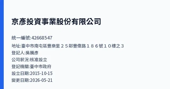 京彥投資事業股份有限公司的照片-統編 42668547(臺中市) 公司登記資料與營業項目詳細圖表
