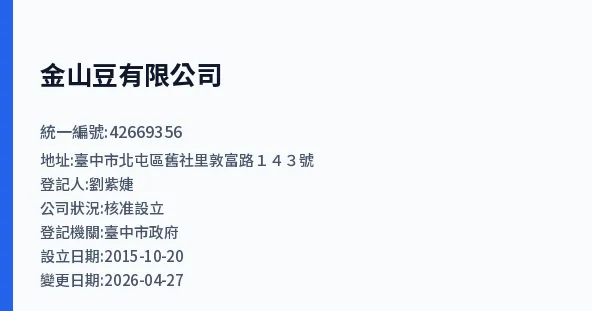 金山豆有限公司的照片-統編 42669356(臺中市) 公司登記資料與營業項目詳細圖表