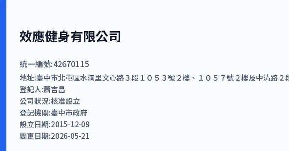 效應健身有限公司的照片-統編 42670115(臺中市) 公司登記資料與營業項目詳細圖表