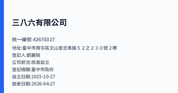 三八六有限公司的照片-統編 42670327(臺中市) 公司登記資料與營業項目詳細圖表