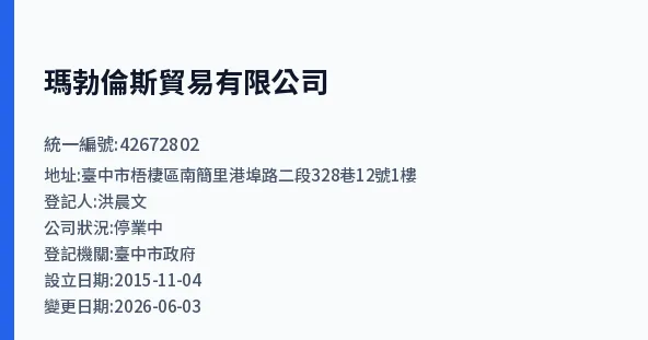 瑪勃倫斯貿易有限公司的照片-統編 42672802(臺中市) 公司登記資料與營業項目詳細圖表