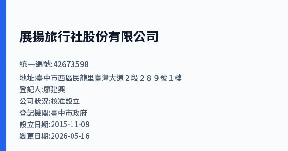 展揚旅行社股份有限公司的照片-統編 42673598(臺中市) 公司登記資料與營業項目詳細圖表
