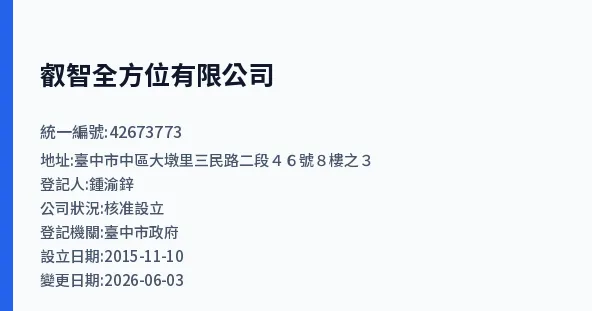 叡智全方位有限公司的照片-統編 42673773(臺中市) 公司登記資料與營業項目詳細圖表