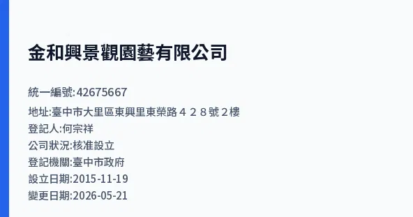 金和興景觀園藝有限公司的照片-統編 42675667(臺中市) 公司登記資料與營業項目詳細圖表