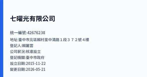 七曜光有限公司的照片-統編 42676238(臺中市) 公司登記資料與營業項目詳細圖表