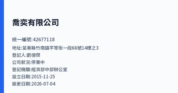 喬奕有限公司的照片-統編 42677118(苗栗縣) 公司登記資料與營業項目詳細圖表