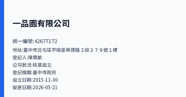 一品園有限公司的照片-統編 42677172(臺中市) 公司登記資料與營業項目詳細圖表