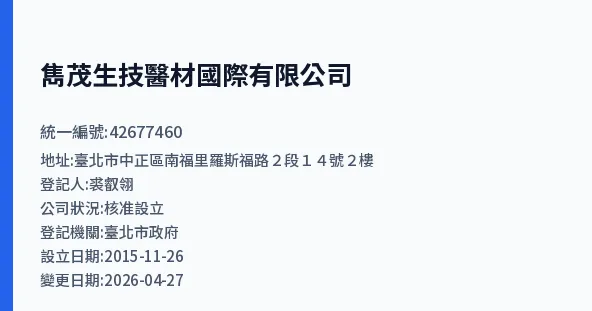 雋茂生技醫材國際有限公司的照片-統編 42677460(臺北市) 公司登記資料與營業項目詳細圖表