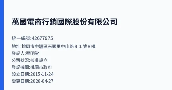 萬國電商行銷國際股份有限公司的照片-統編 42677975(桃園市) 公司登記資料與營業項目詳細圖表