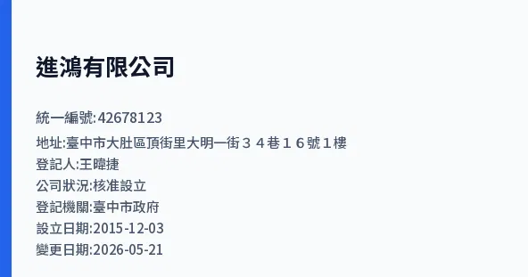 進鴻有限公司的照片-統編 42678123(臺中市) 公司登記資料與營業項目詳細圖表