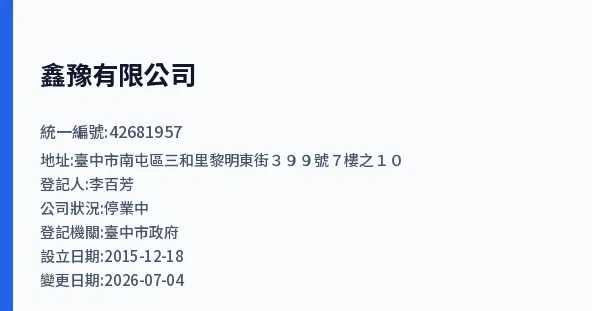 鑫豫有限公司的照片-統編 42681957(臺中市) 公司登記資料與營業項目詳細圖表