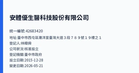 安體優生醫科技股份有限公司的照片-統編 42683420(臺中市) 公司登記資料與營業項目詳細圖表