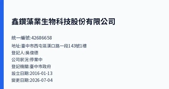 鑫鑽藻業生物科技股份有限公司的照片-統編 42686658(臺中市) 公司登記資料與營業項目詳細圖表