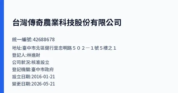 台灣傳奇農業科技股份有限公司的照片-統編 42688678(臺中市) 公司登記資料與營業項目詳細圖表
